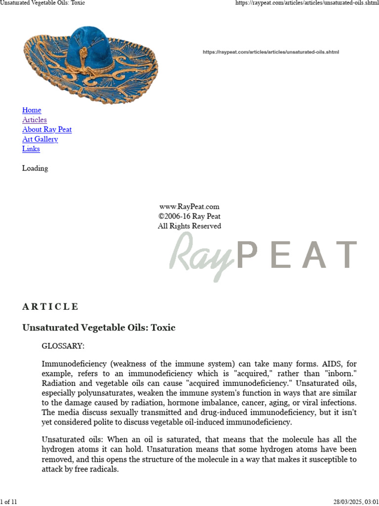 DR Ray Peat - Unsaturated Vegetable Oils - Toxic | PDF | Fat ...