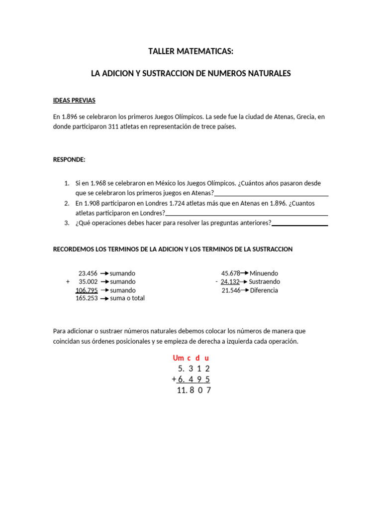 Taller Matematicas La Adicion y Sustraccion de Numeros Naturales Secto ...