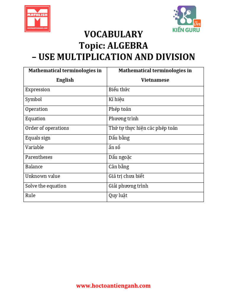 T V NG L P 4 - Algebra - Multiplication and Division | PDF