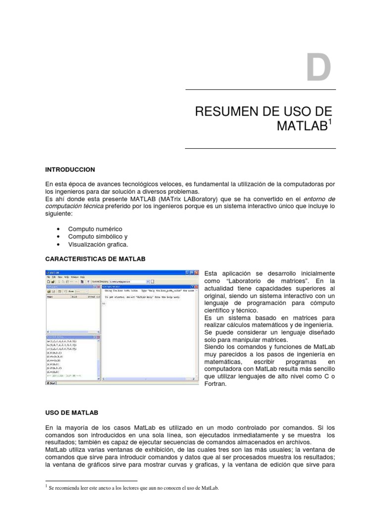 Resumen de Uso de Matlab | PDF | Matlab | Matriz (Matemáticas)