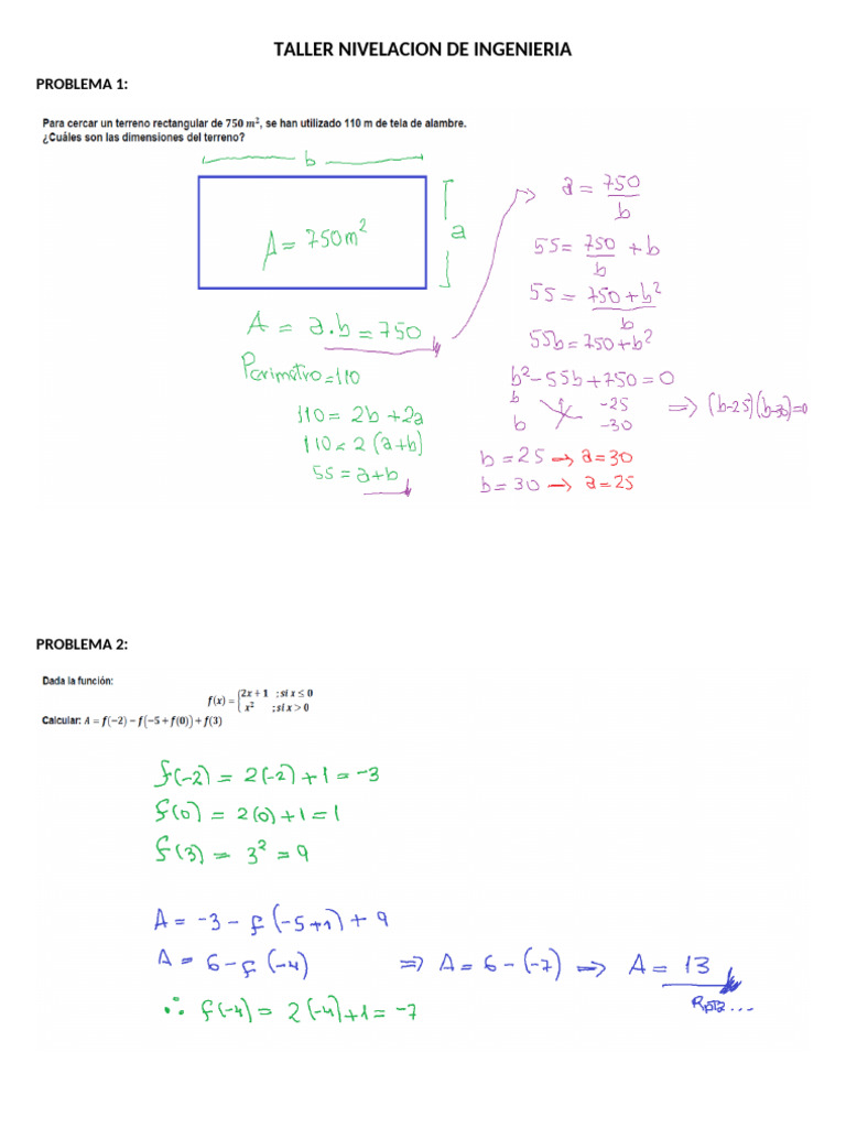 Taller Nivelacion de Matematica Ingenieria 04-07-2021-2 | PDF