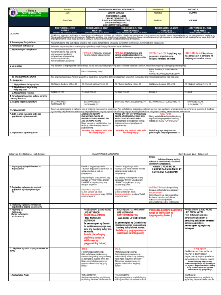 DLL Filipino 8 Week 1 Tula | PDF
