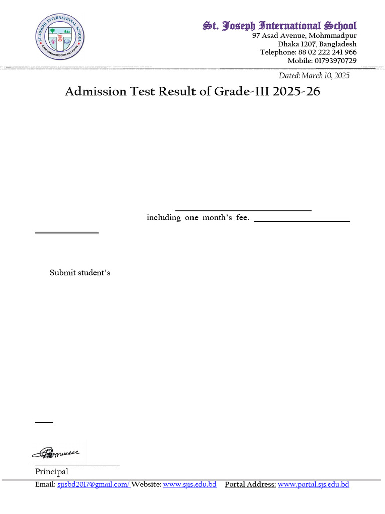 SJIS Grade III Admission Results 2025-26 | PDF