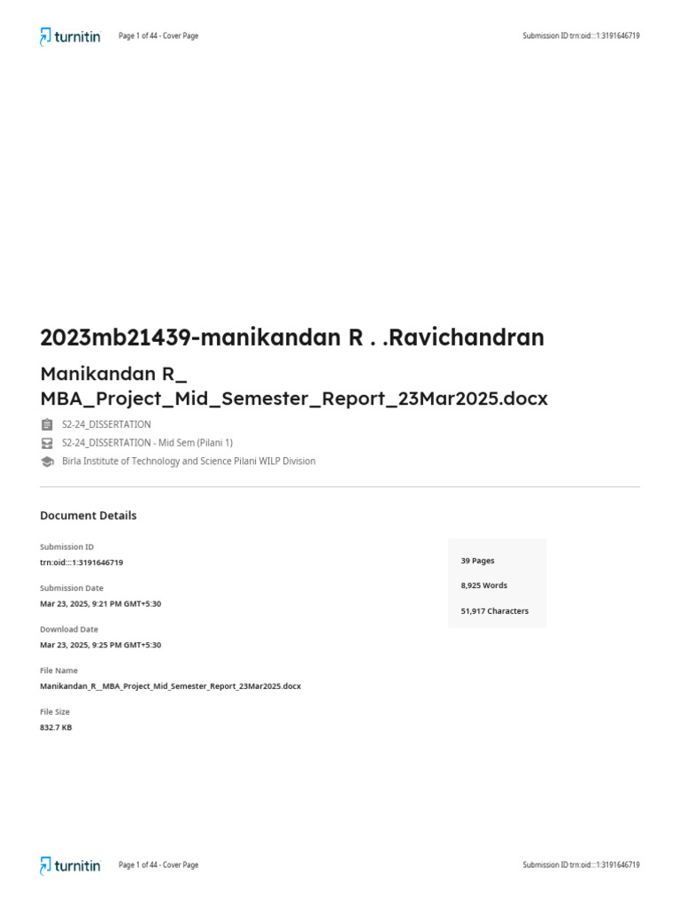 Manikandan_R__MBA_Project_Mid_Semester_Report_23Mar2025 | PDF | Citation | Publishing