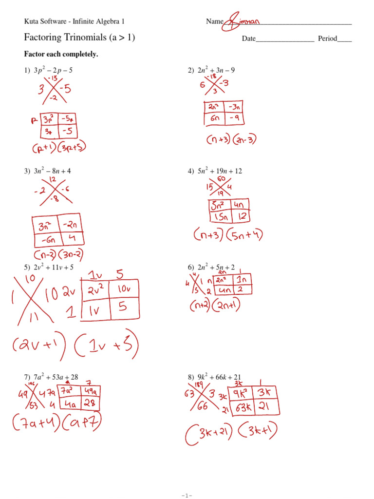 Factoring Trinomials (a > 1) Worksheet | PDF