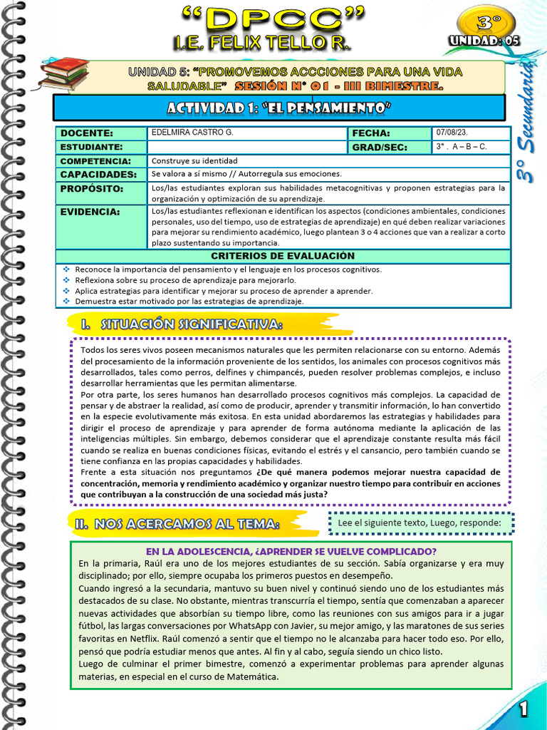 3° DPCC -ACTV.01-UNID.5 2023 | PDF | Pensamiento | Aprendizaje