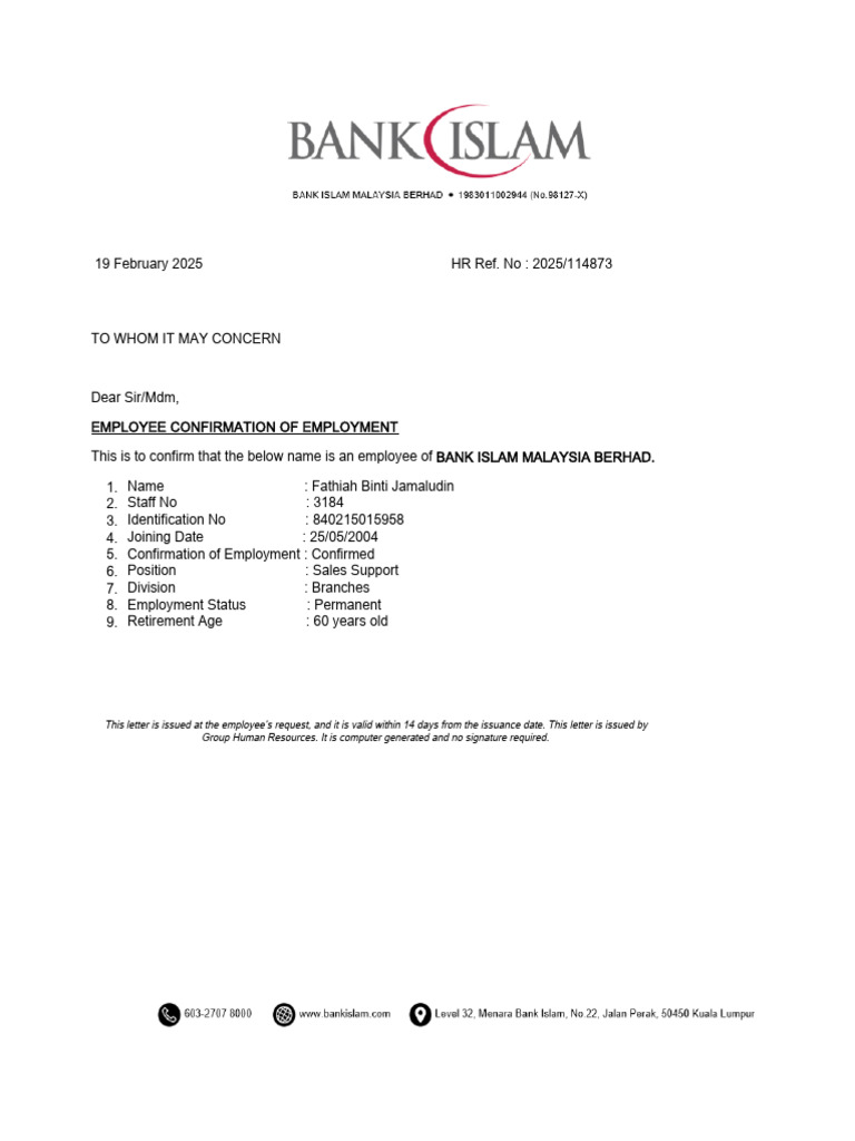 Employee Confirmation for Bank Islam | PDF