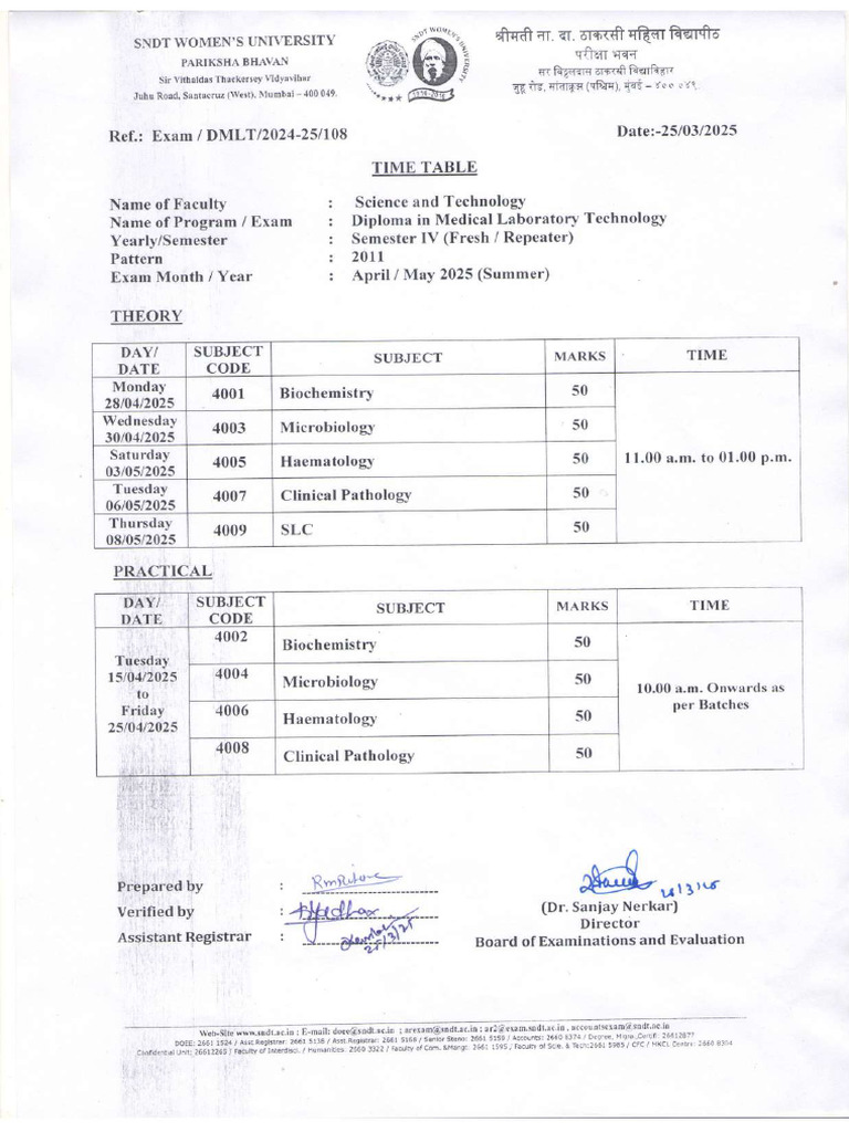 DMLT Sem - IV April-may 2025 Examination Time Table.jpeg | PDF