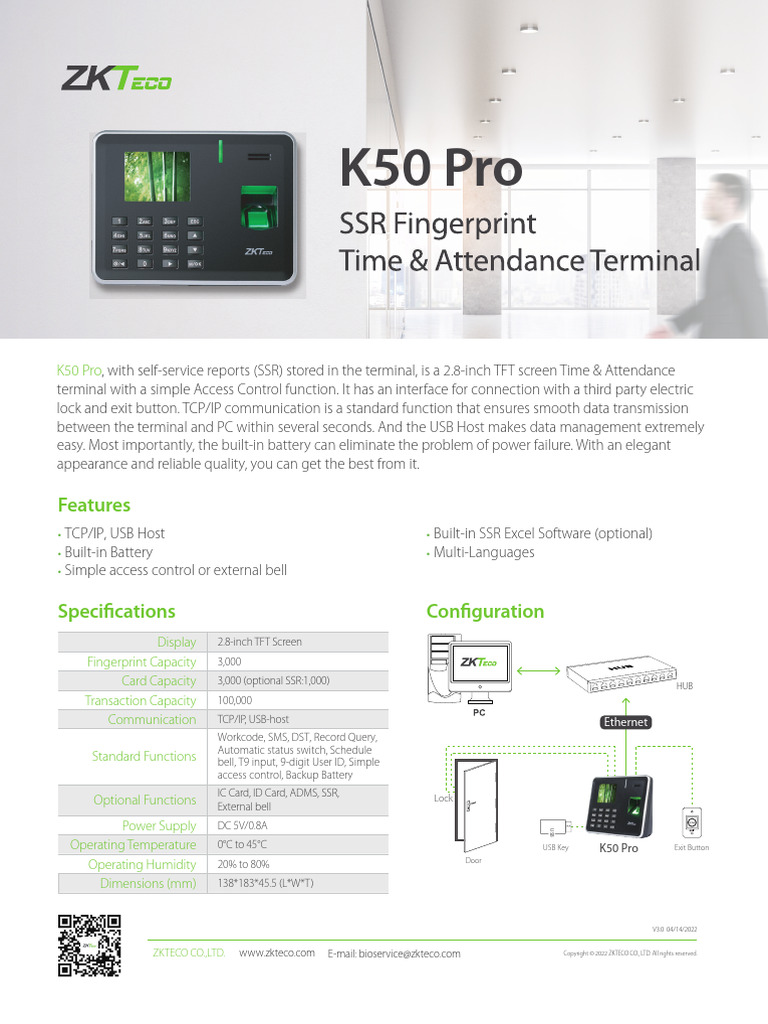 ZKTeco K50 Pro Attendance Terminal Specs | PDF | Access Control | Usb