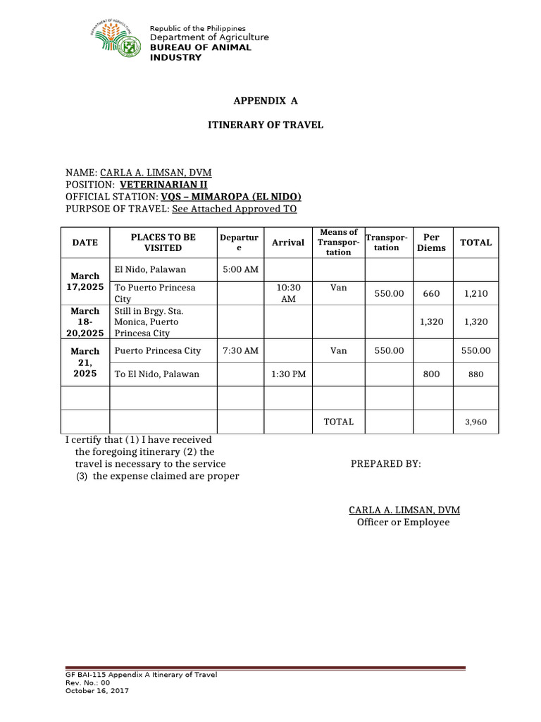 GF BAI-115 Appendix a Itinerary of Travel CLimsan 03212025 | PDF