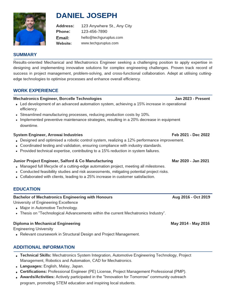 Mechatronics Engineer Editable Resume Template Download in Docx 5 | PDF ...