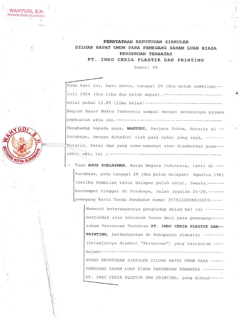 Akta 10 - Wahyudi Akta No 40 - 29 July 24 AKTA PKR SIRKULER PT INDO CERIA | PDF