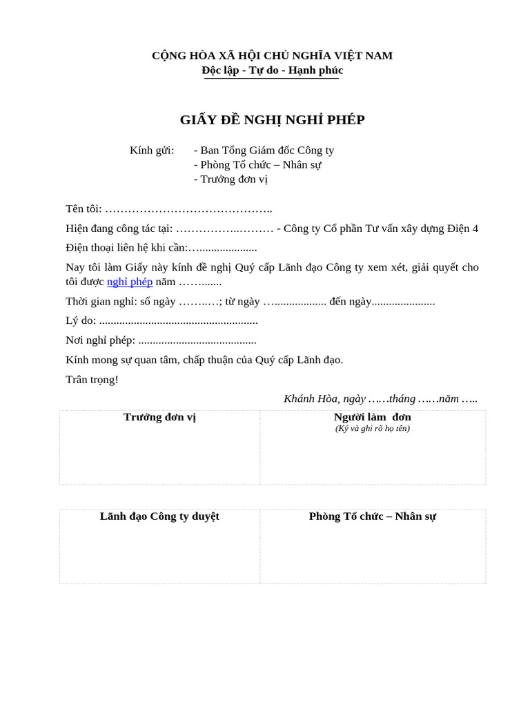 Mau Giay de Nghi Nghi Phep | PDF