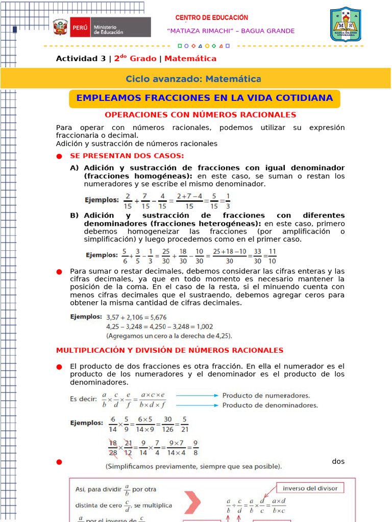 FICHA INFORMATIVA MATEMATICA - 2do GRADO (SEMANA 2) | PDF | Sustracción ...
