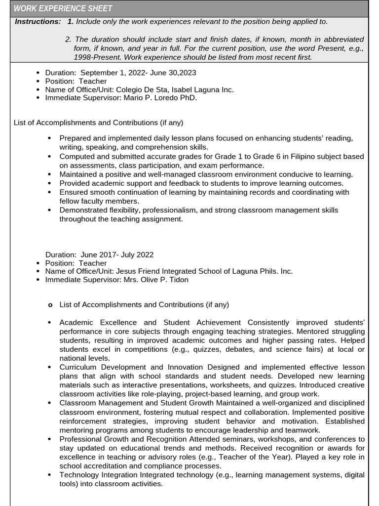 CS-Form-No.-212-Attachment-Work-Experience-Sheet-Sample New | PDF ...