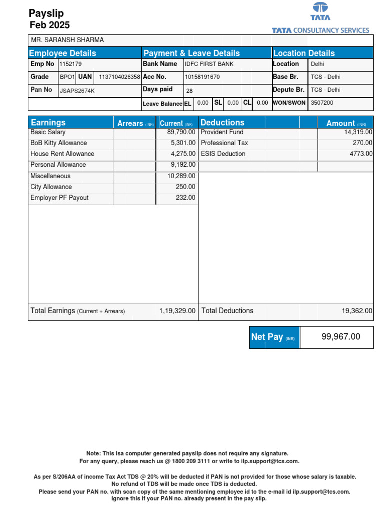 Employee Payslip Summary for February 2025 | PDF | Taxes | Tax Deduction