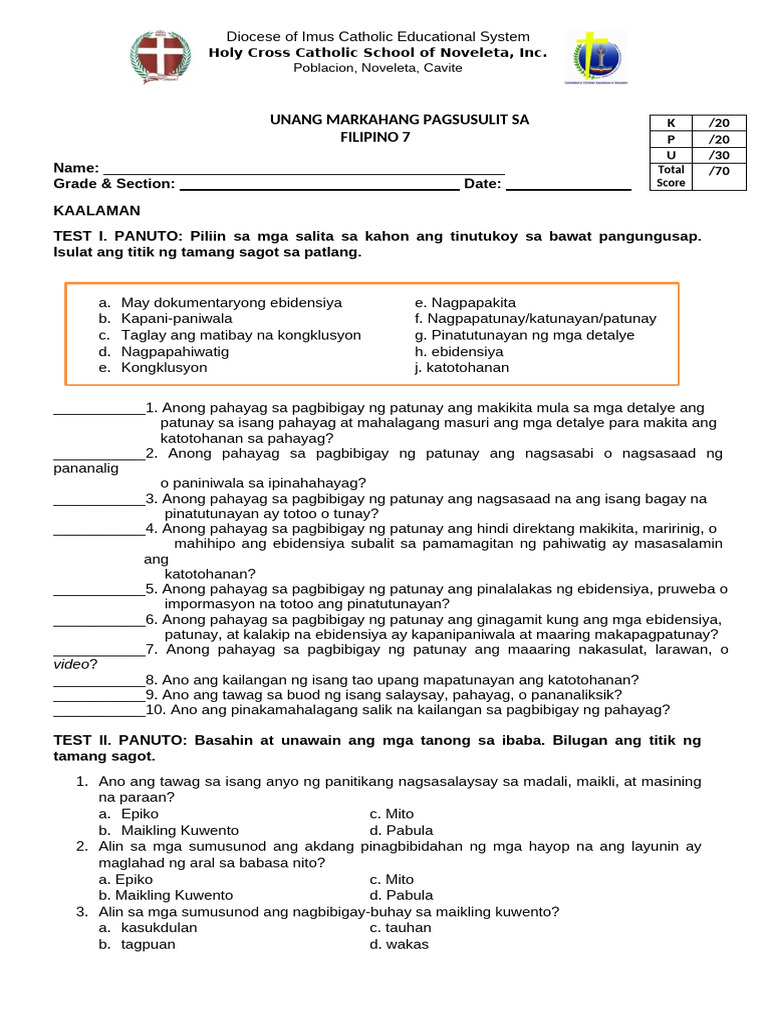 1ST Quarter Exam Fil7 | PDF