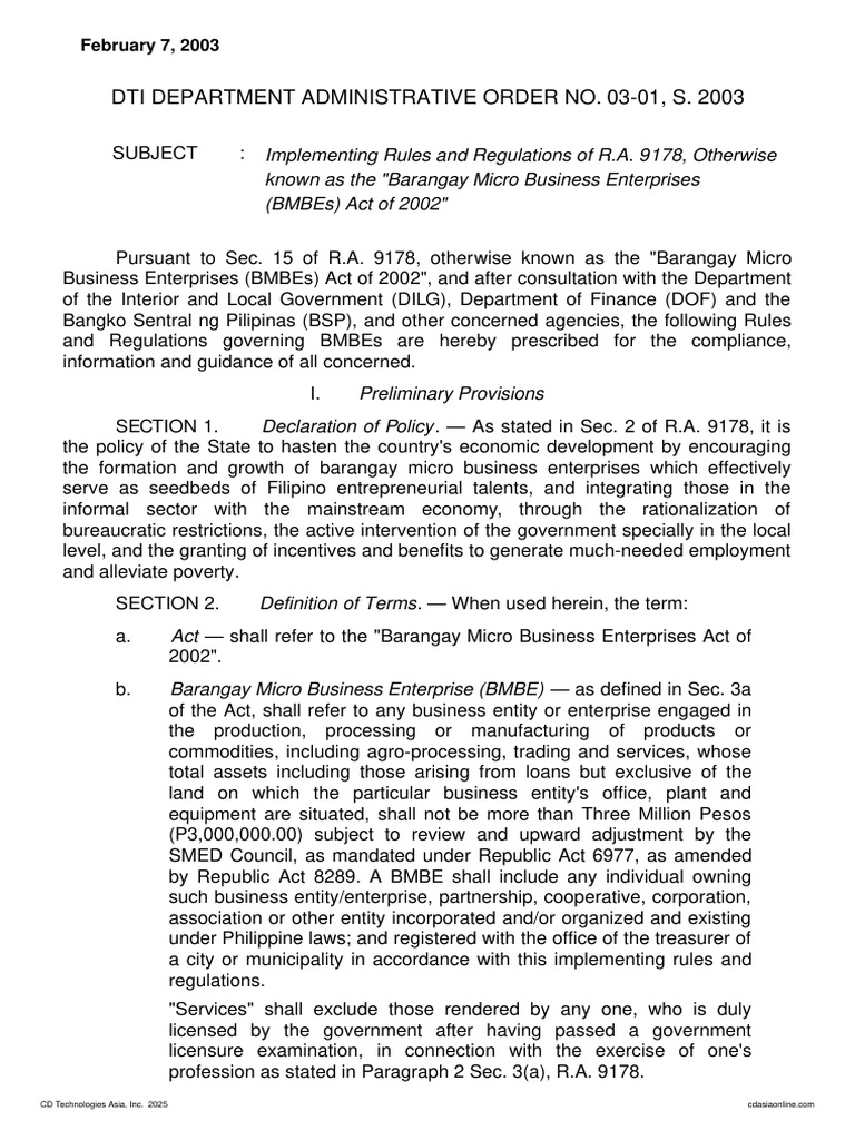 BMBE Act 2002 Implementing Rules | PDF | Taxes | Loans