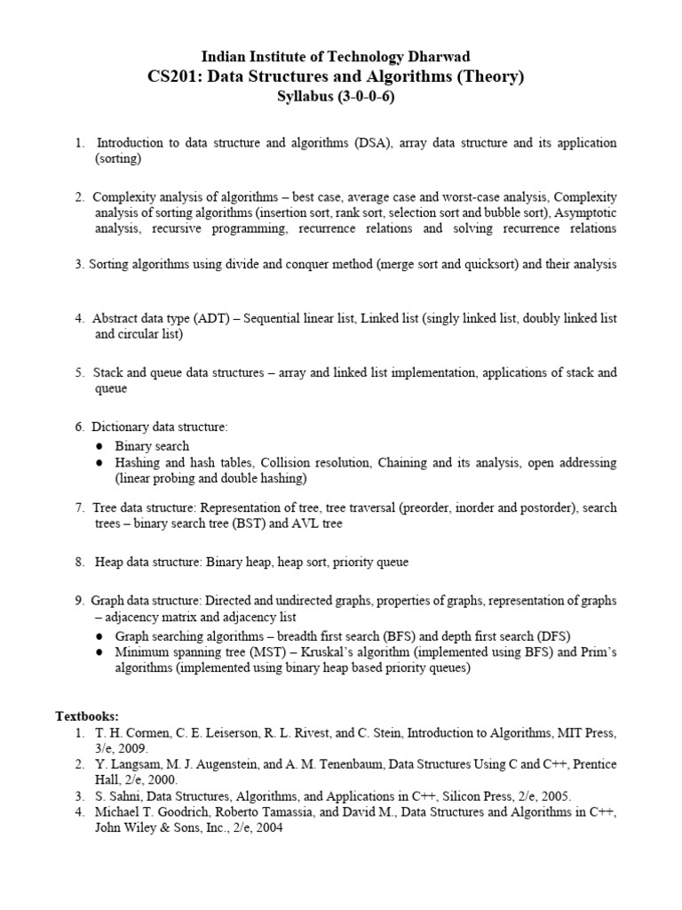 CS201 DSA CS211 DSALab CourseContent Jan April2024 | PDF | Computer Programming | Applied ...
