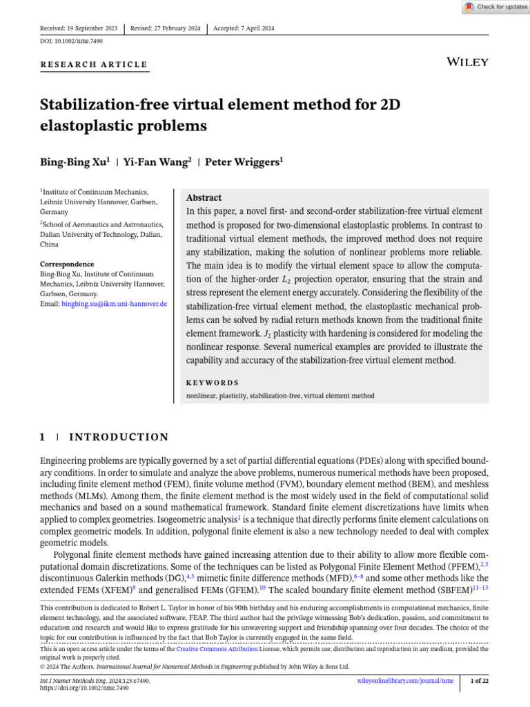 IJNME-2024-Xu-Stabilization-free Virtual Element Method For 2D Elastoplastic Problems | PDF ...