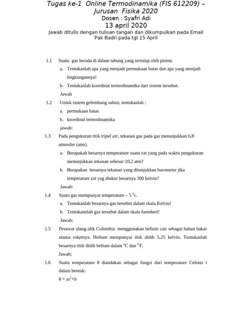 Tugas P.R Ke-1 Termodinamika (FIS 612209) Maretl 2025 | PDF
