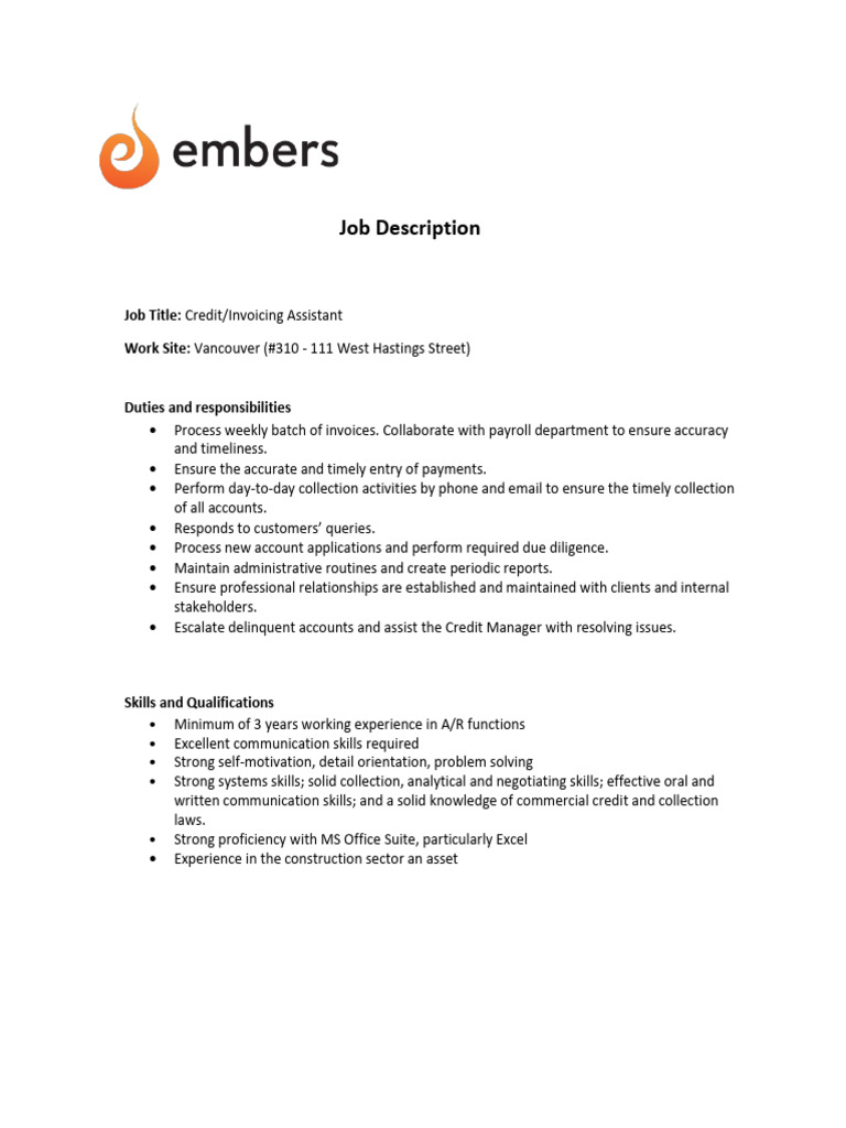 Credit-Invoicing Assistant Job Description | PDF