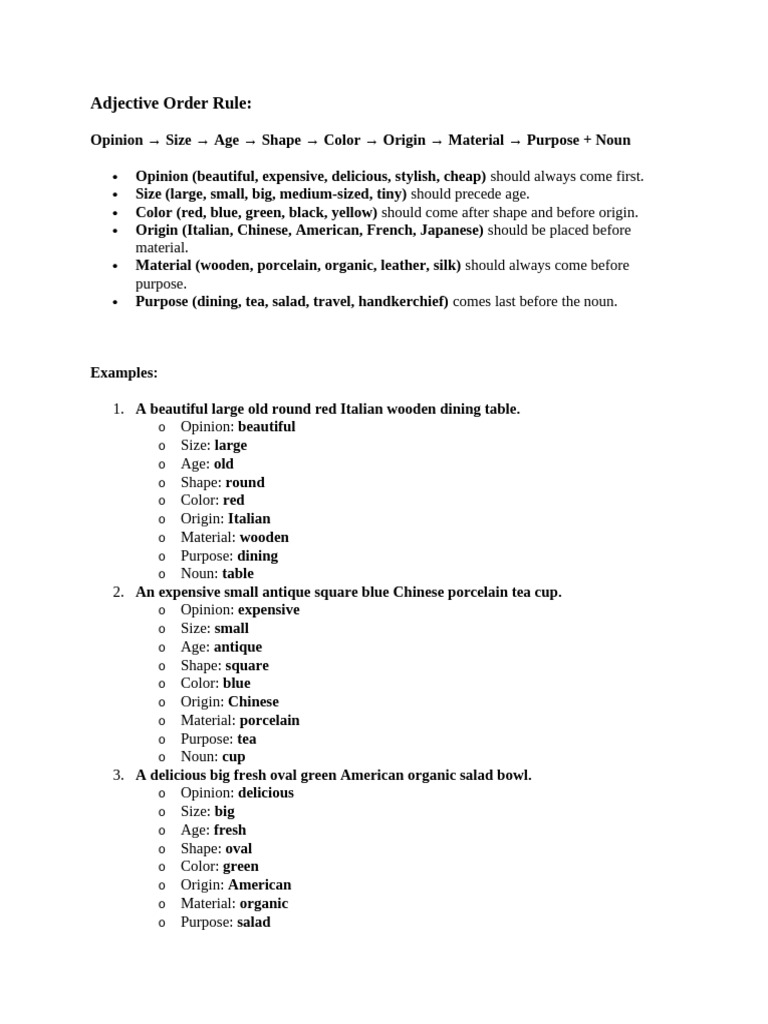 Adjective Order Rules and Common Errors | PDF | Subject (Grammar) | Adverb