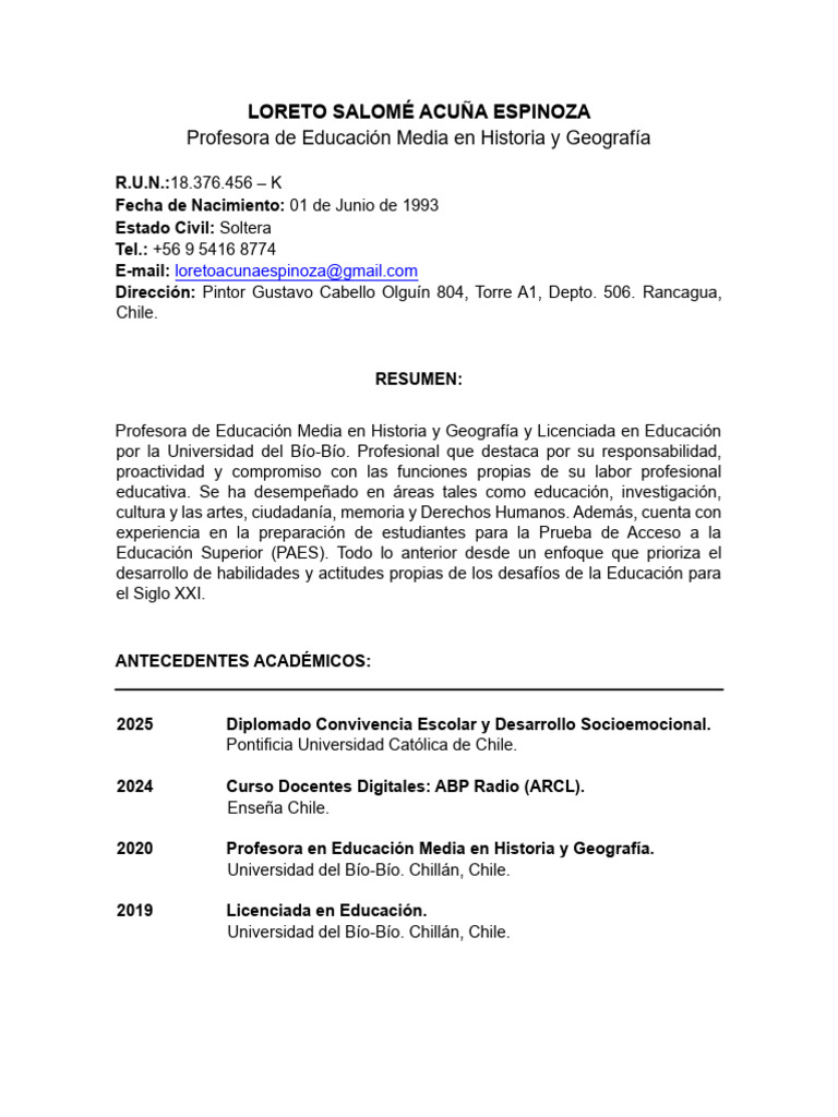 CV Loreto Acuña Espinoza (Actualizado) | PDF | Maestros | Chile