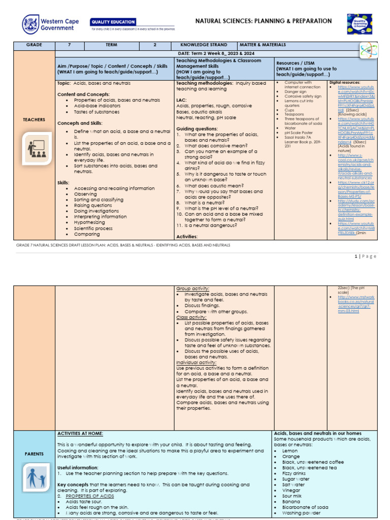 Lesson Plan Gr. 7 Natural Sciences T2 W8 | PDF | Acid | Ph