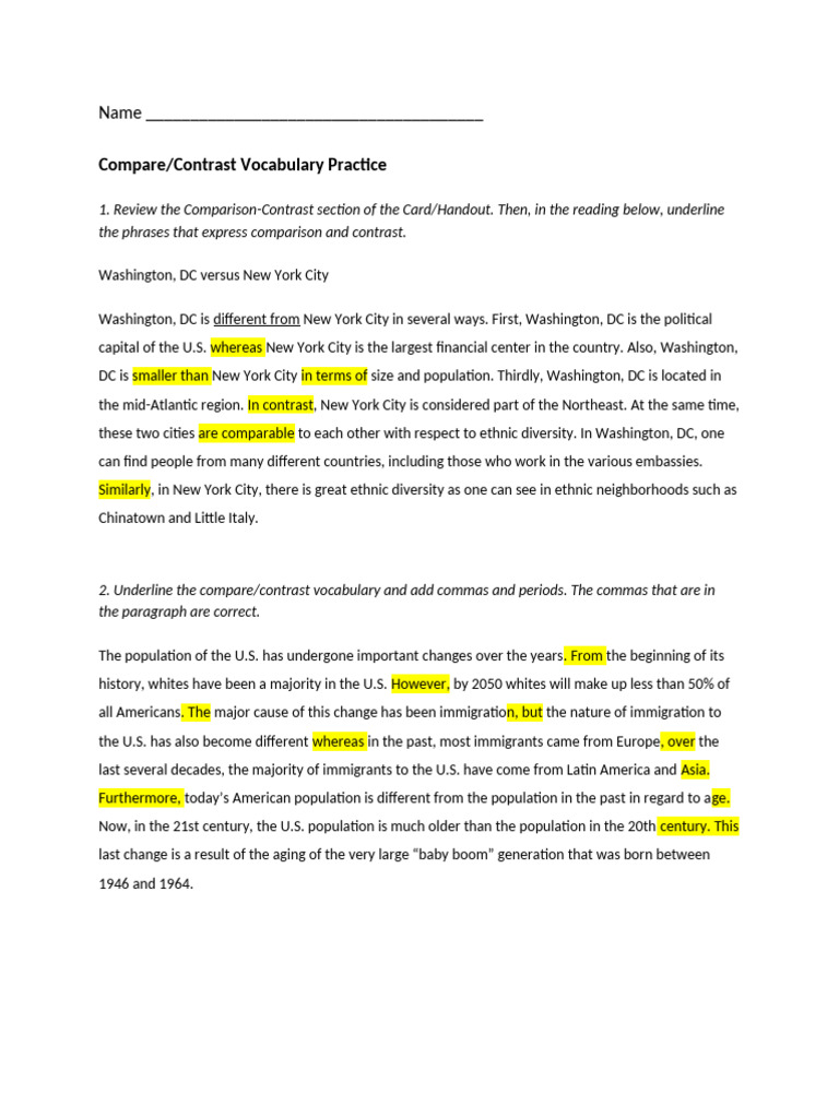 Compare and Contrast Vocabulary Exercise | PDF | The United States