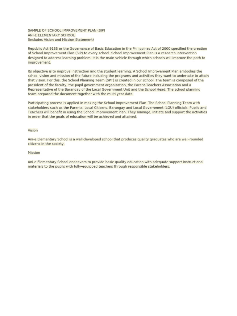 Sample of School Improvement Plan | PDF | Education Reform | Teachers