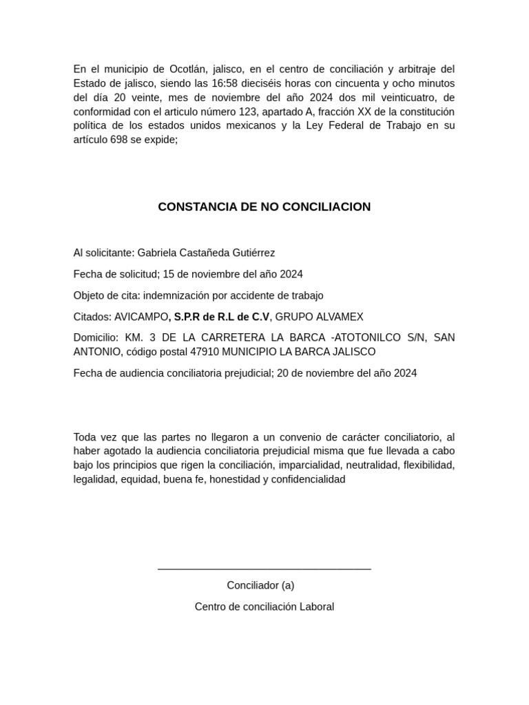 Constancia de No Conciliación | PDF