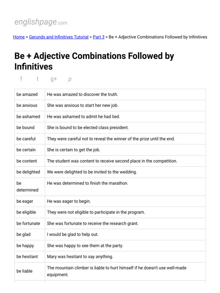 Be + Adjective Combinations Followed by Infinitives | PDF | Verb ...