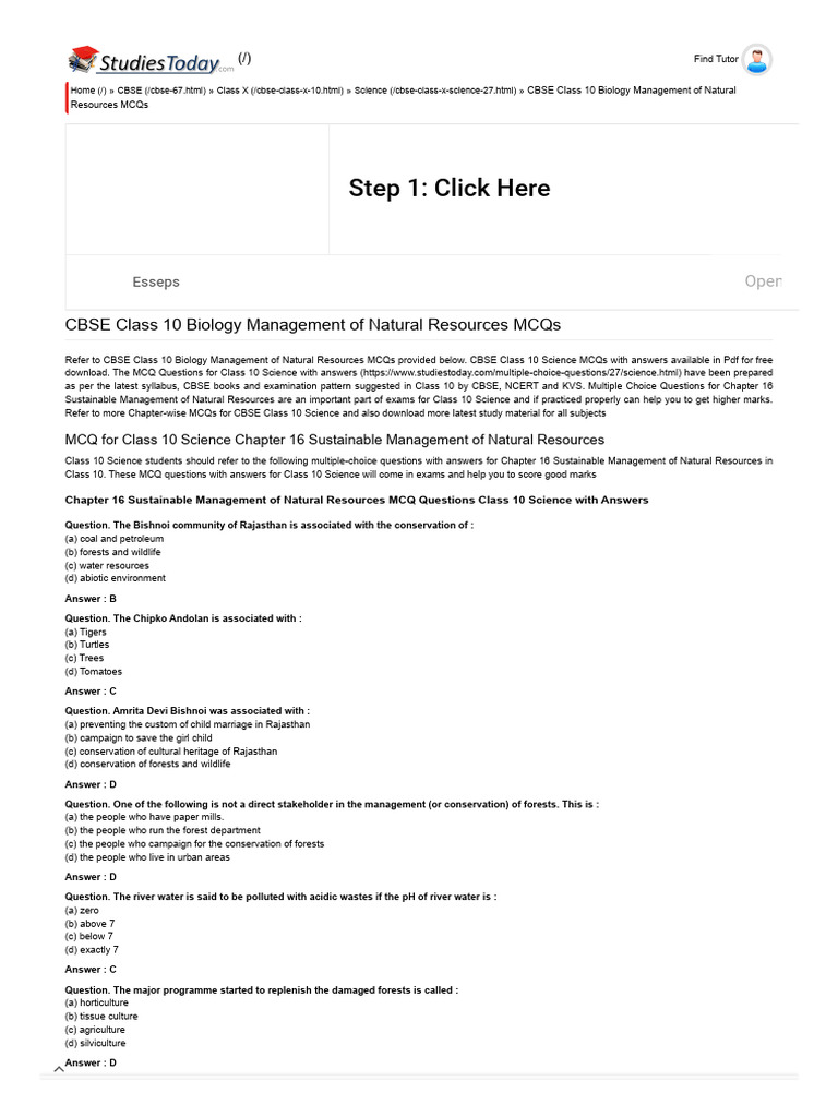 CBSE Class 10 Biology Management of Natural Resources MCQS, Multiple ...