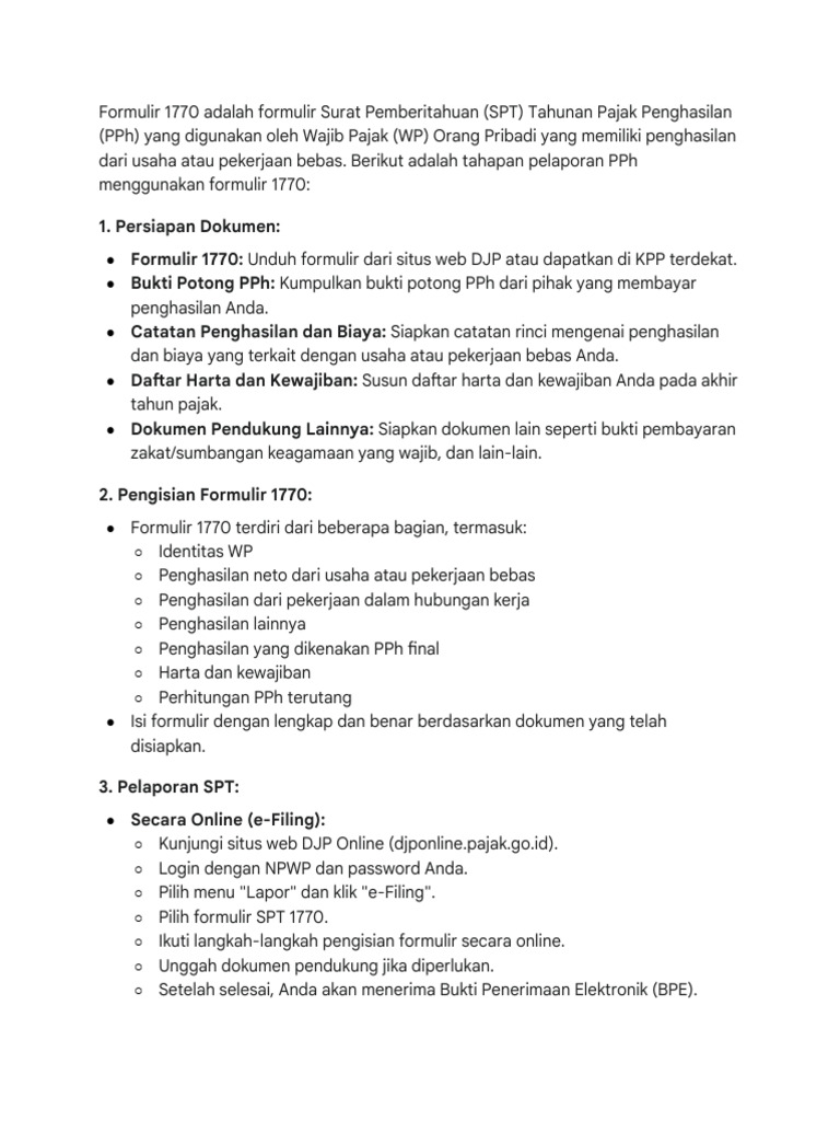 Tahap Pelaporan PPH Formulir 1770 | PDF