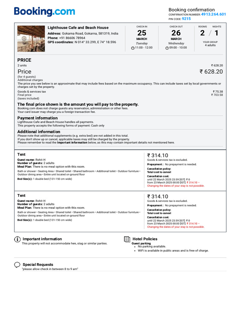 Booking Confirmation | PDF | Fee | Payments