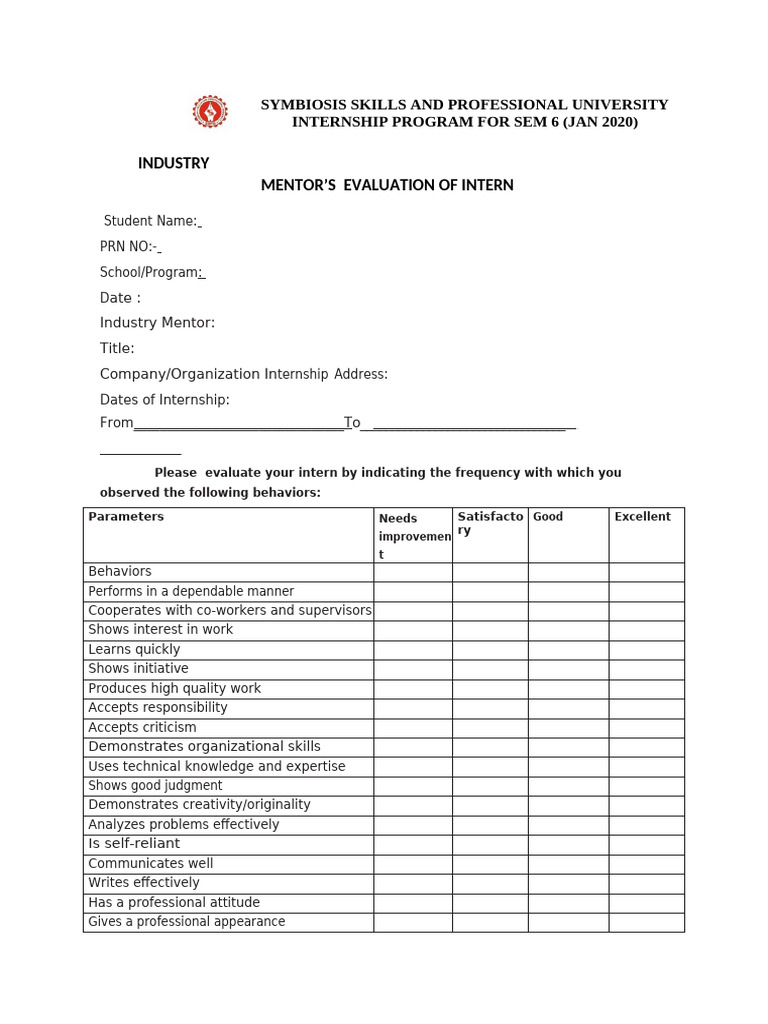 Mentor Feedback Form Template | PDF