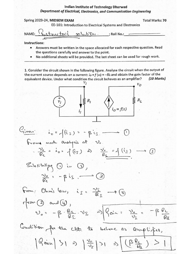 EE101 Midsem Solutions | PDF