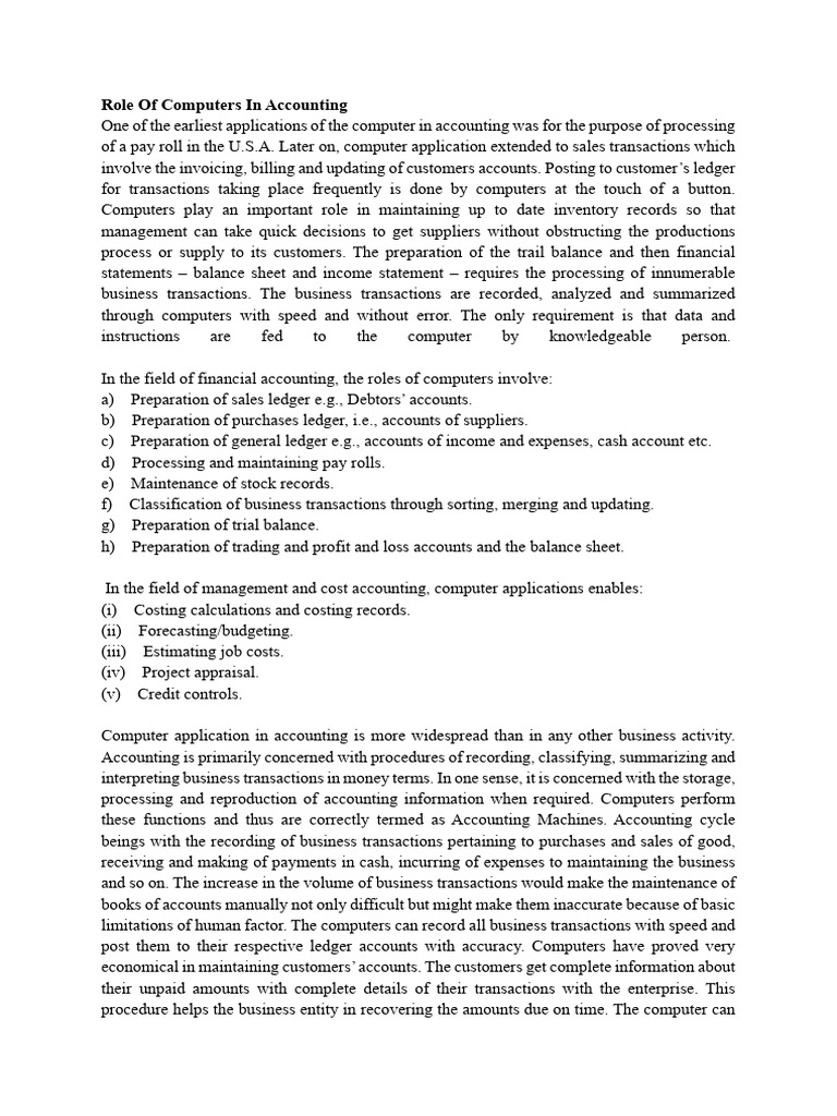 Role of Computers in Accounting | PDF | Income Statement | Financial ...