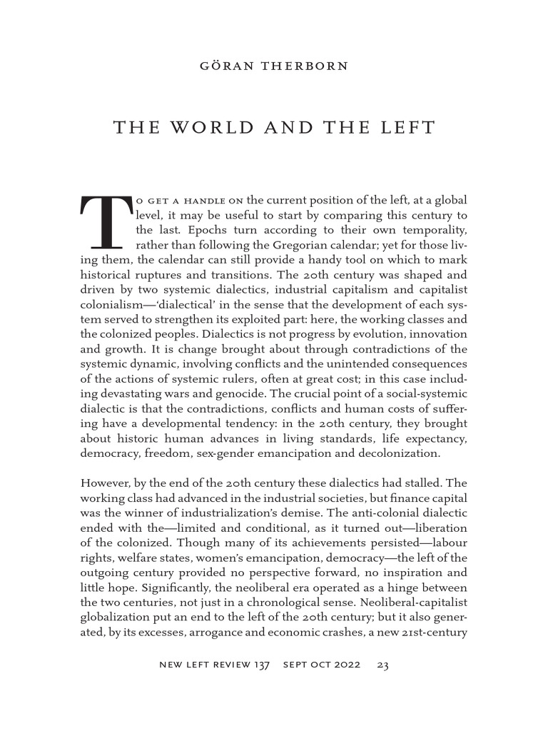 G Ran Therborn, The World and The Left, NLR 137, September October 2022 ...