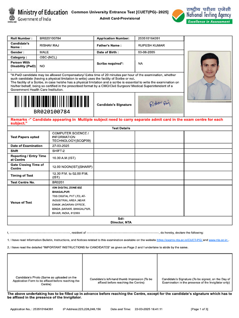 Cuet PG Rishav Admit Card | PDF