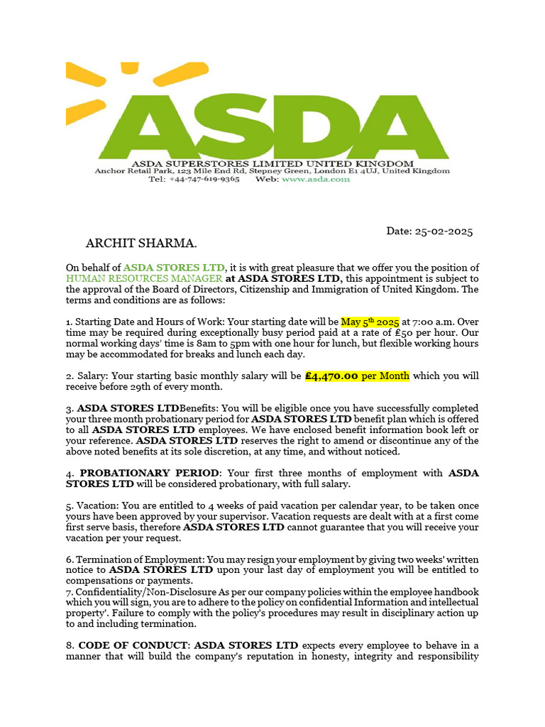 Asda Stores LTD Appointment Letter | PDF | Employment | Travel Visa