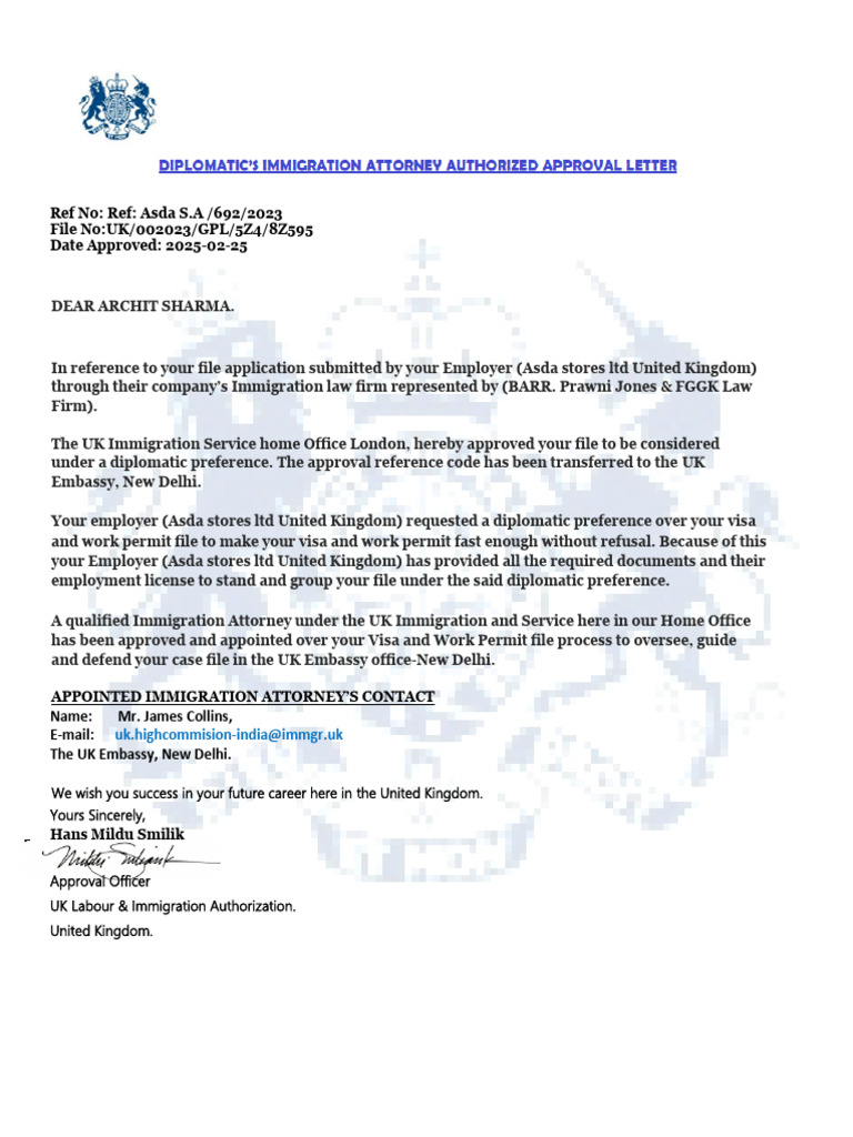 UK Diplomatic Visa Approval Letter | PDF