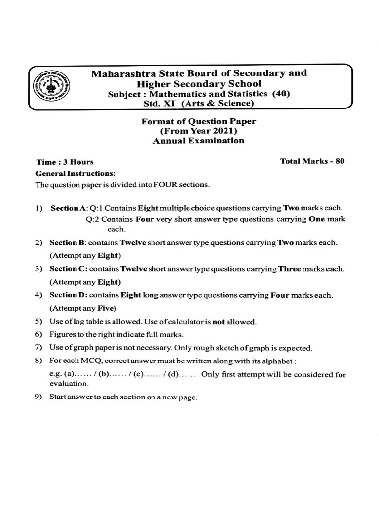 XI Annual Exam Paper Pattern Mathematics | PDF