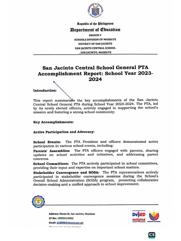 PTA Accomplishment Report_SJCS | PDF