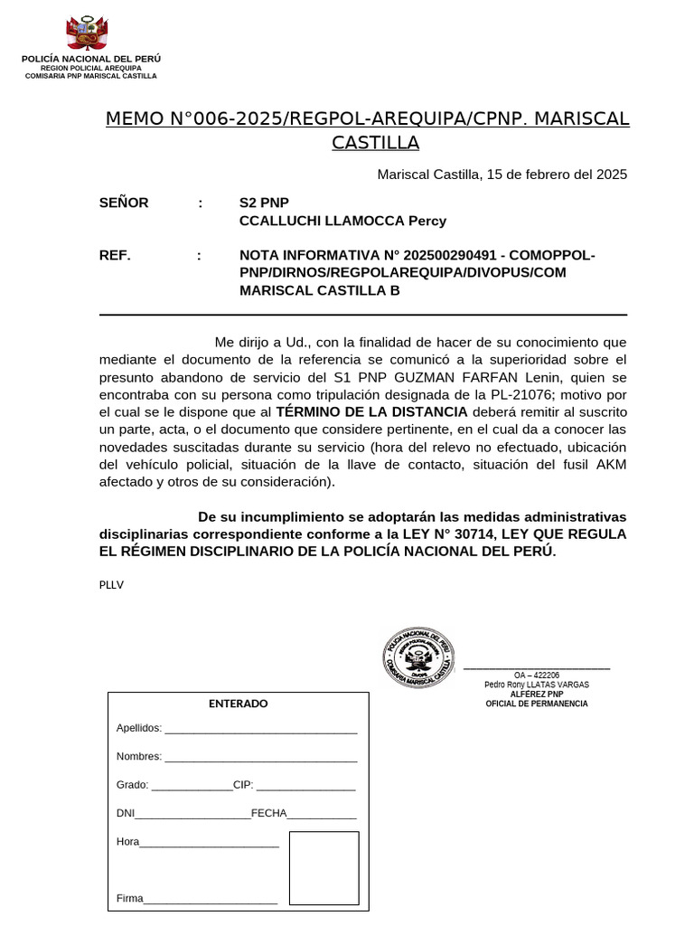 MEMO N° 006 - operador caluchi por abandono | PDF | Perú | Cumplimiento ...