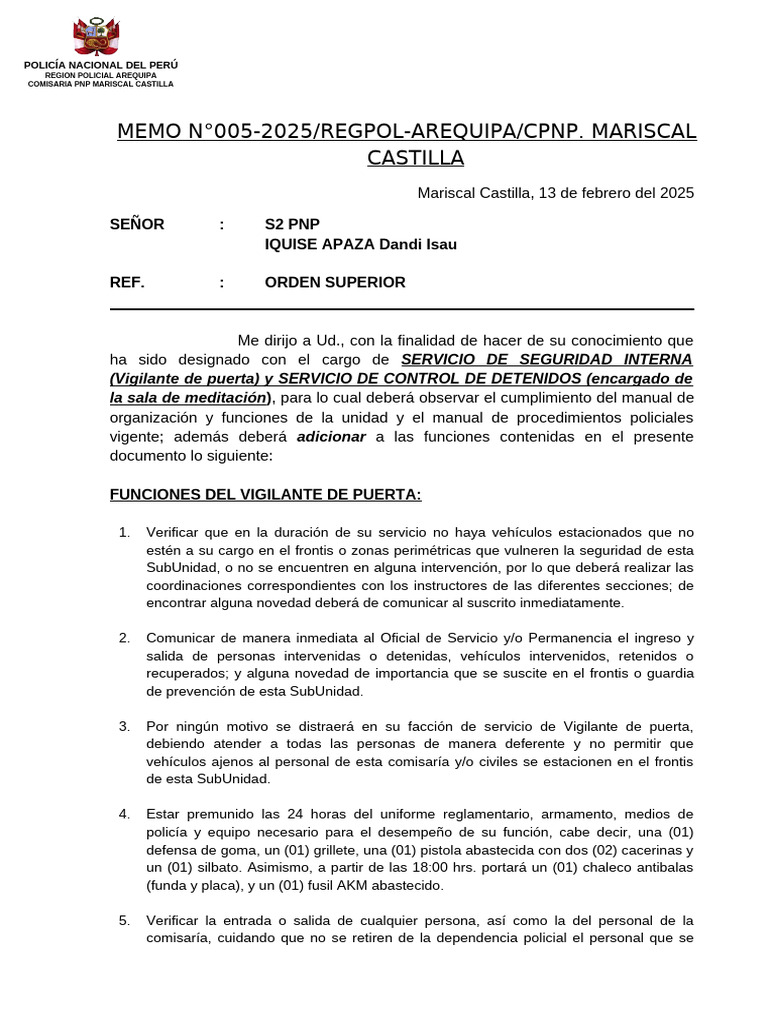 Memo #005 Vigilante de Puerta - S2 Iquise | PDF | Policía | Cumplimiento de la ley