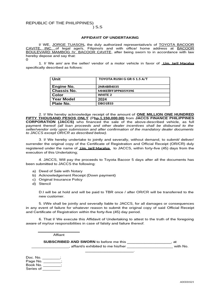 Affidavit of Undertaking for Vehicle Sale | PDF | Affidavit