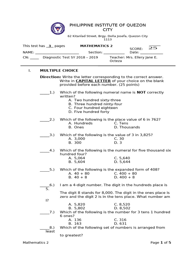 Mathematics 2 Diagnostic Test 2018-2019 | PDF | Mathematics