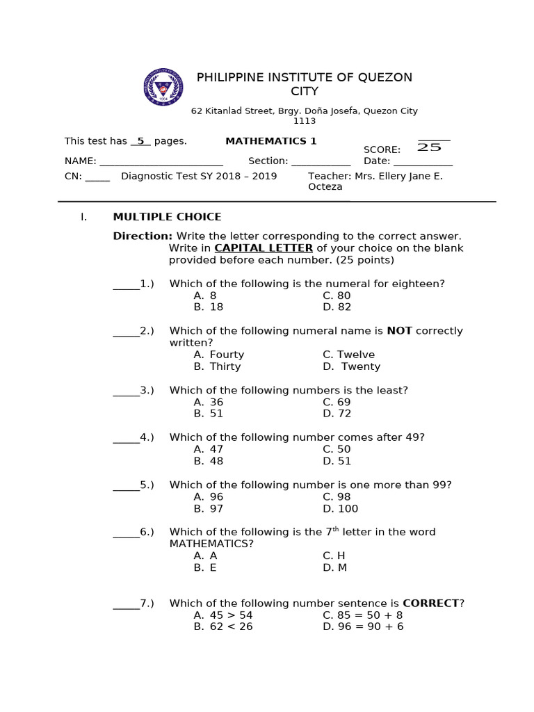 2122_Diagnostic Test_Math 1 | PDF
